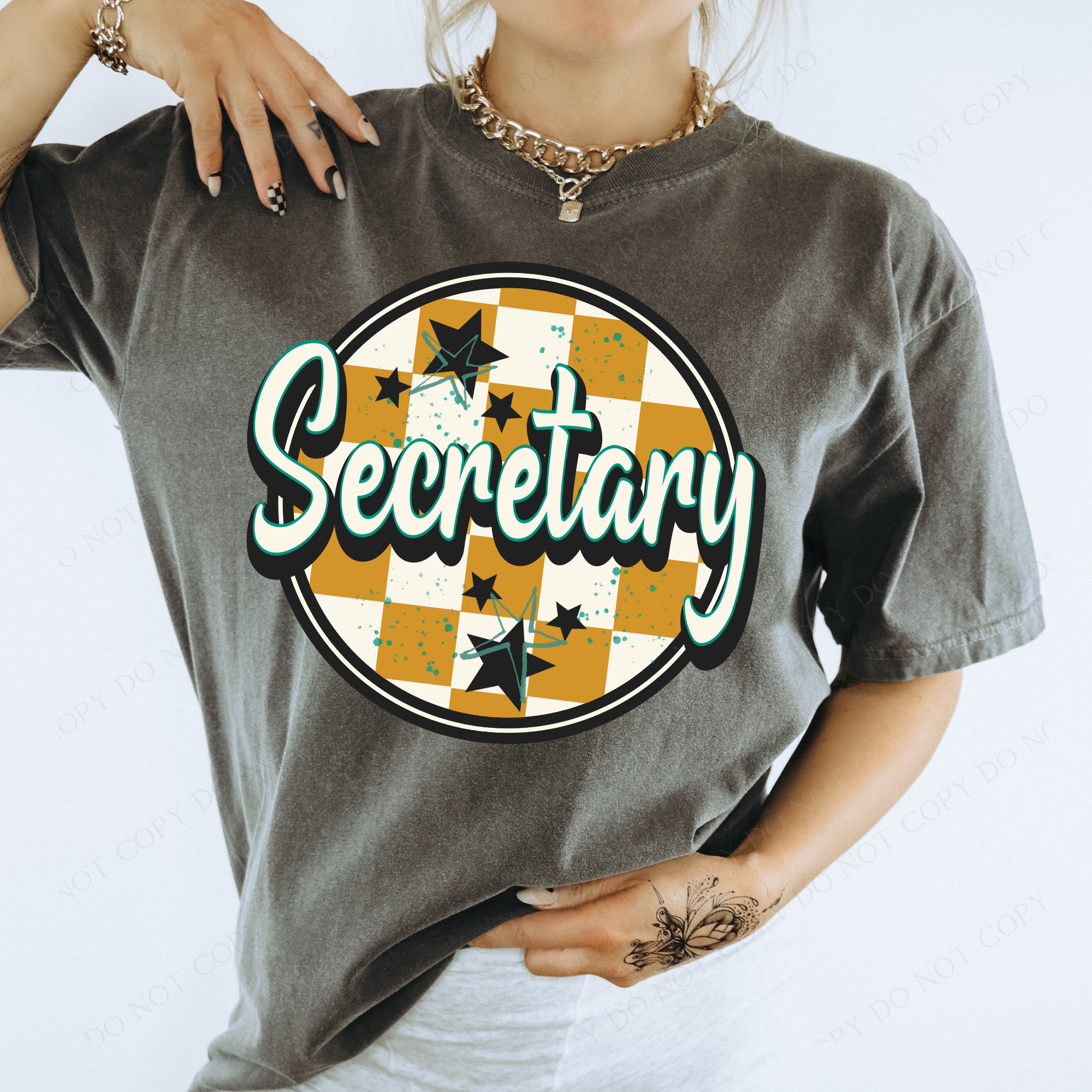 Secretary Mustard Checkered Circle with Stars School Digital Design, P ...
