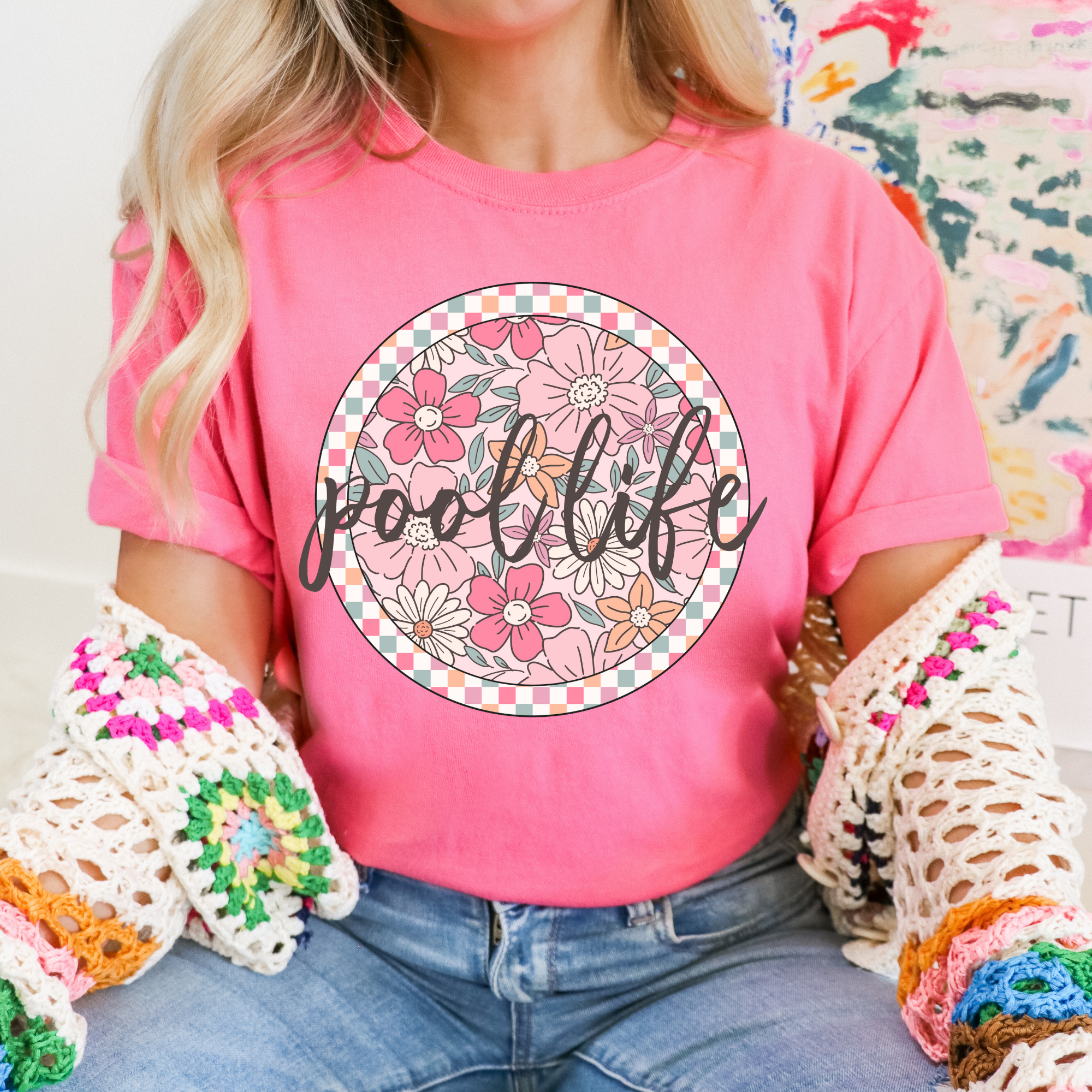 Pool Life Checkered Floral Script Circle in Summery Colors Digital Des ...